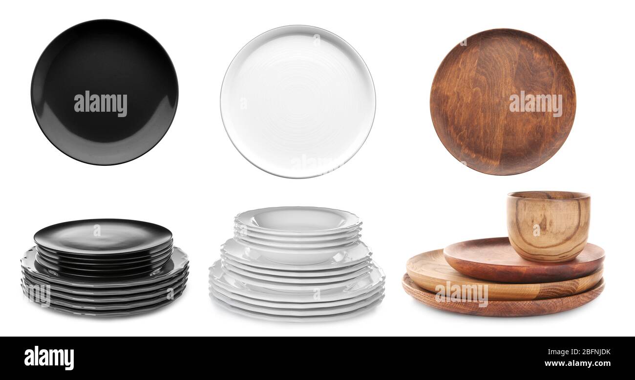 Set of dishware on white background Stock Photo - Alamy