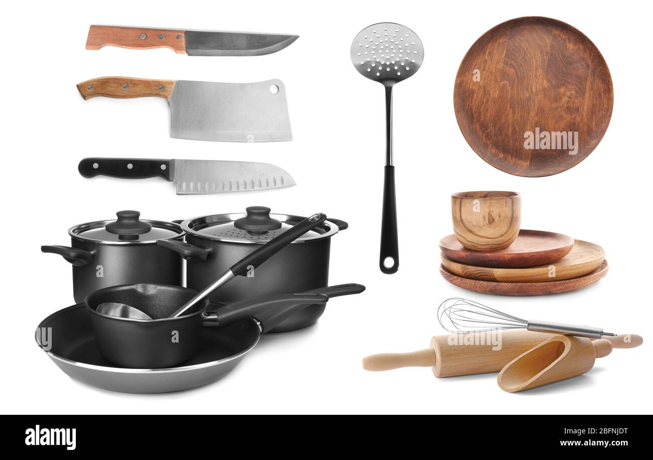 Set of cooking utensils on white background Stock Photo - Alamy