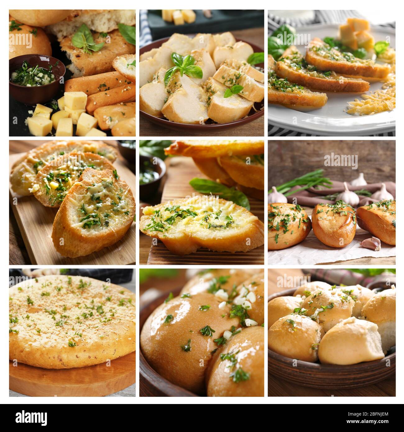 Collage with delicious bread and garlic Stock Photo - Alamy