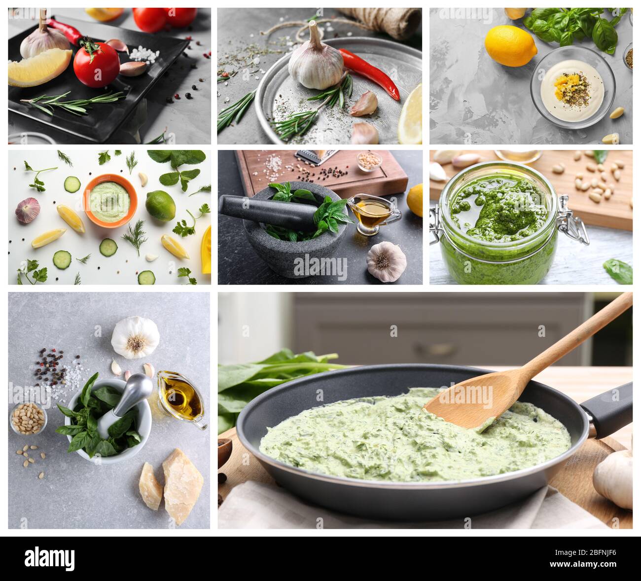 Collage of different sauces with garlic Stock Photo - Alamy