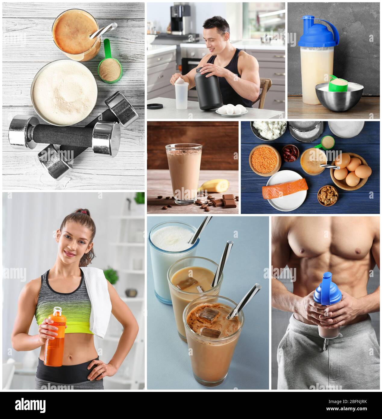 Collage of people with protein shakes and food Stock Photo - Alamy