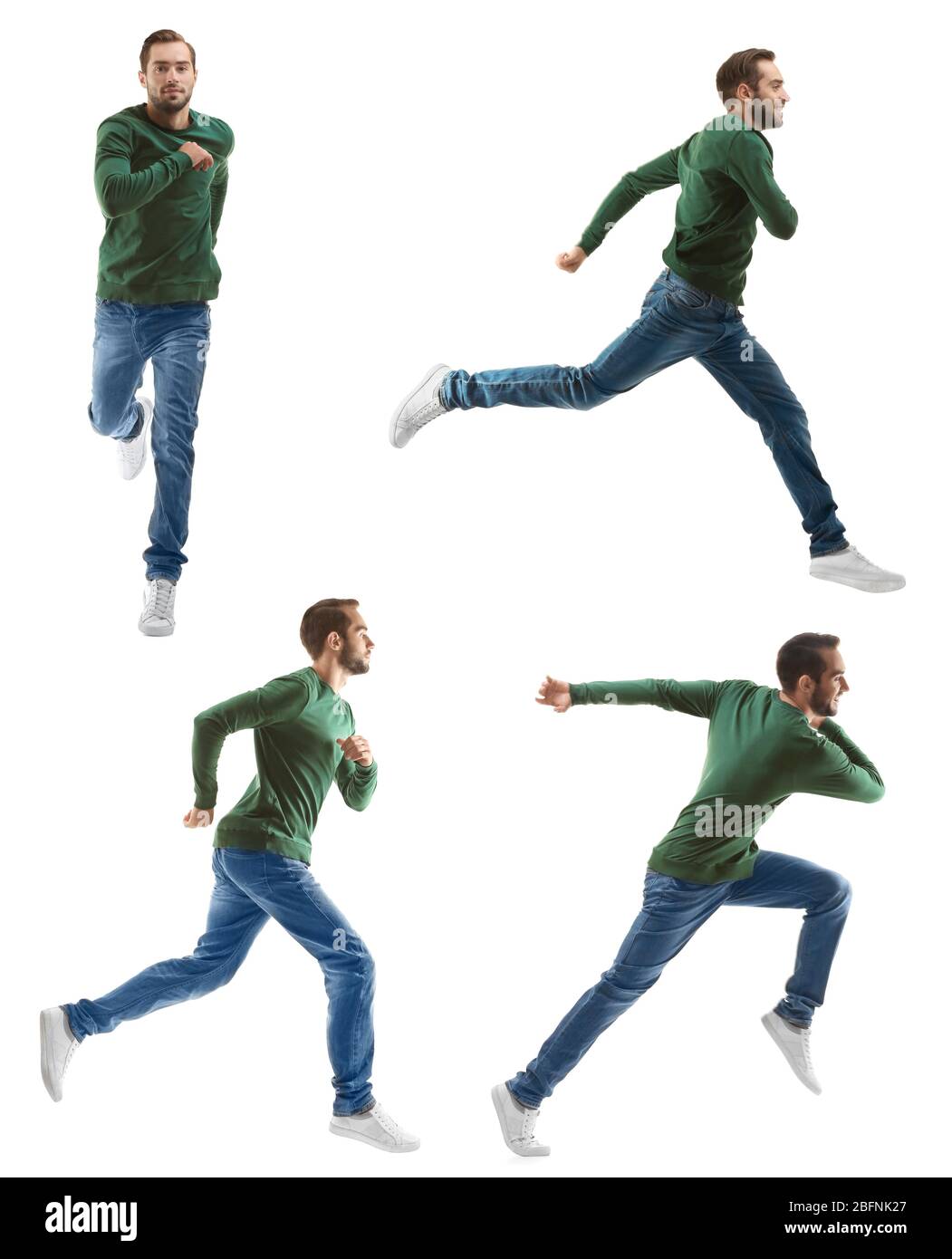 Collage with running man on white background Stock Photo - Alamy