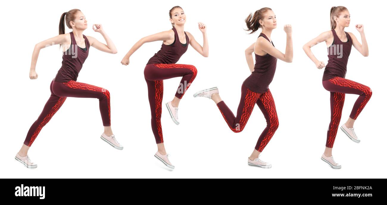 Collage with running woman on white background Stock Photo - Alamy