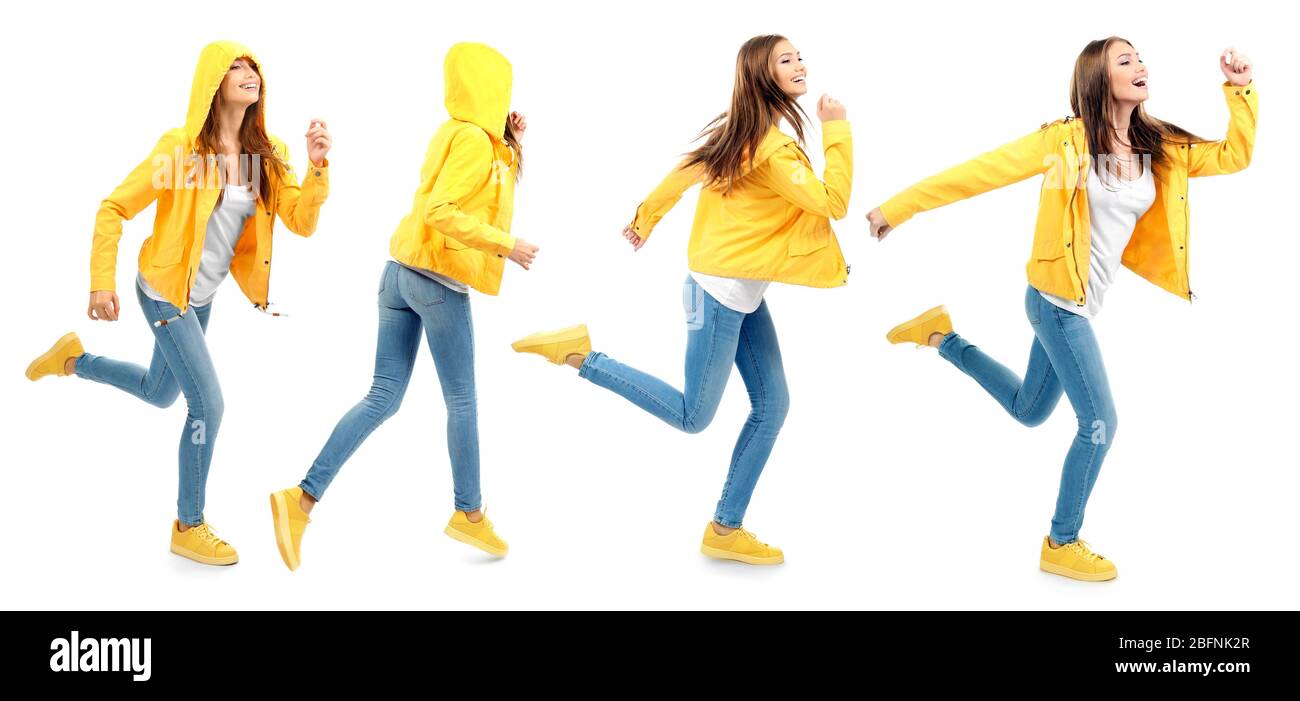 Collage with running woman on white background Stock Photo - Alamy