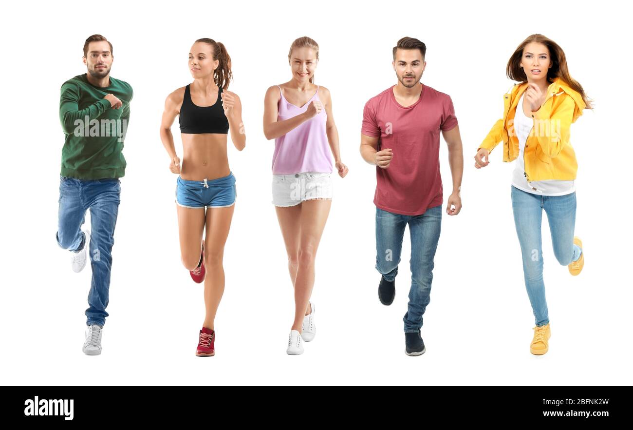 Group of running people on white background Stock Photo - Alamy