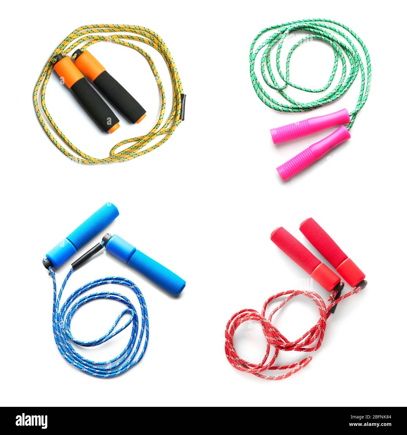 Collage with jumping ropes on white background Stock Photo - Alamy