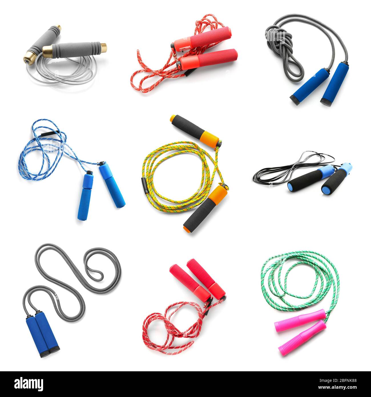 Collage with jumping ropes on white background Stock Photo - Alamy