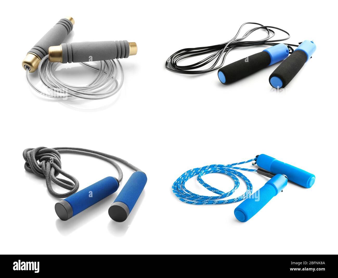 Collage with jumping ropes on white background Stock Photo - Alamy