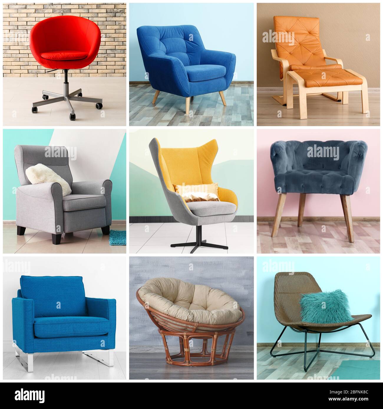 Collage with different armchairs in modern interior Stock Photo - Alamy