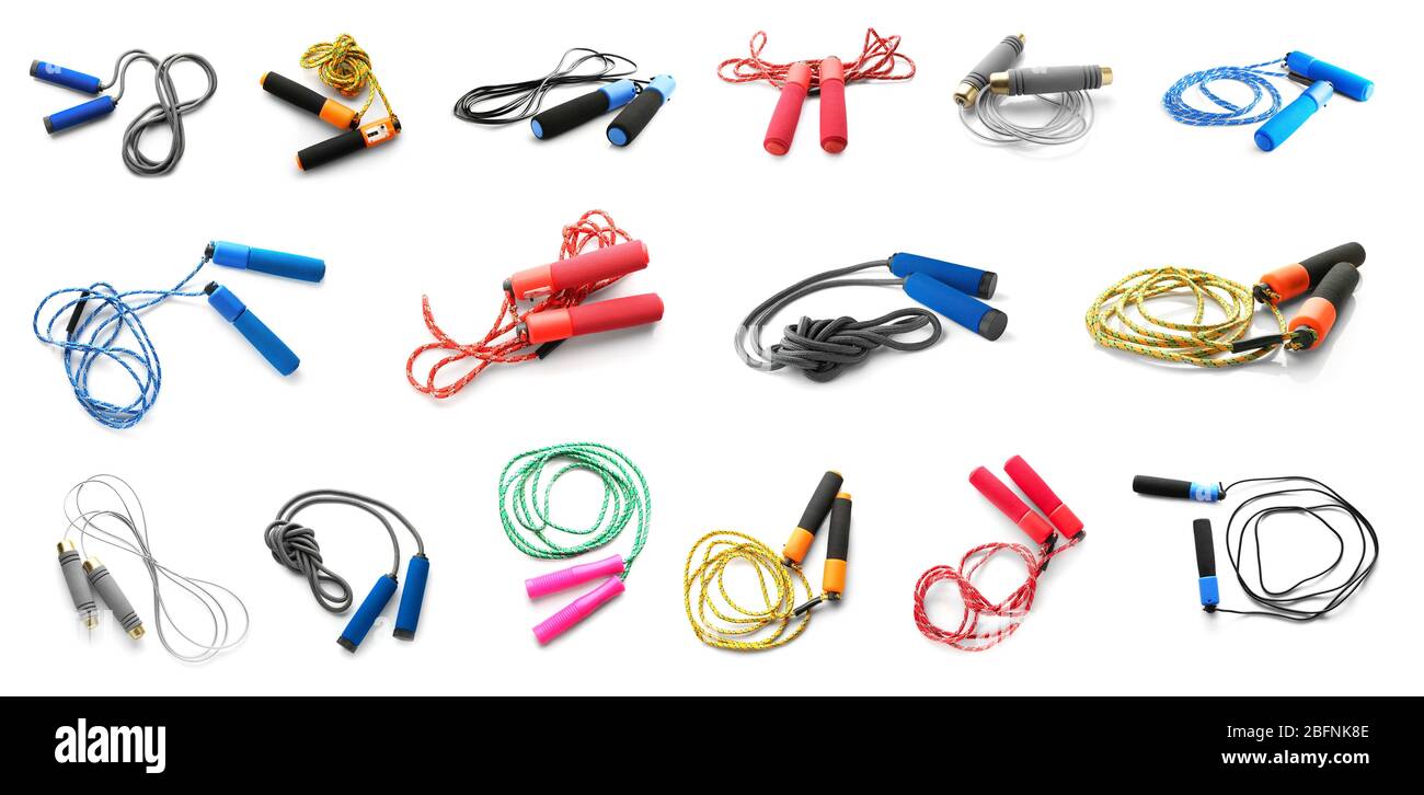 Collage with jumping ropes on white background Stock Photo - Alamy