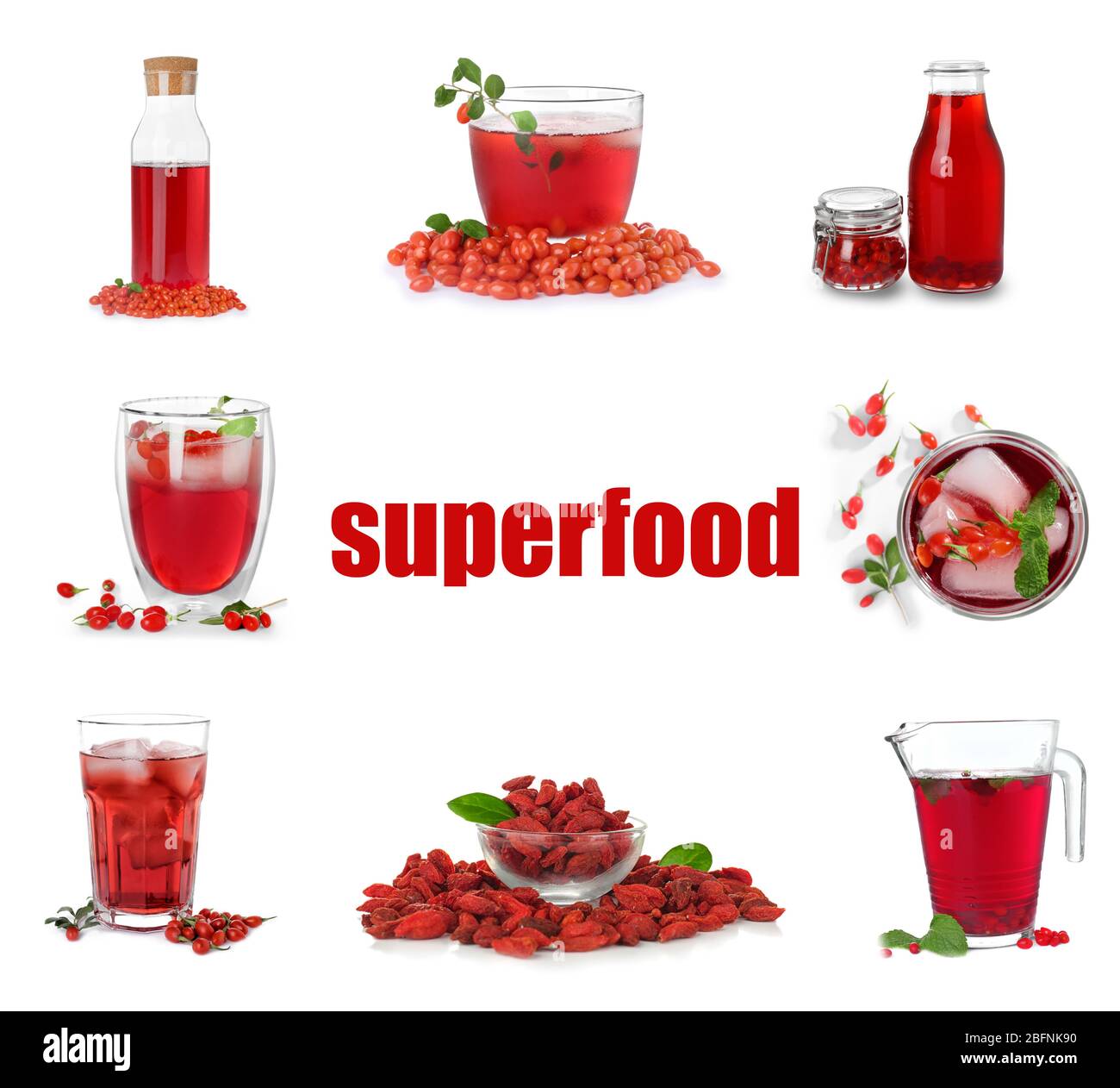 Collage with goji berries and juice on white background Stock Photo - Alamy
