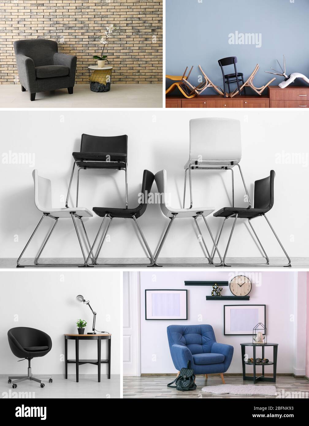 Collage with different armchairs in modern interior Stock Photo - Alamy