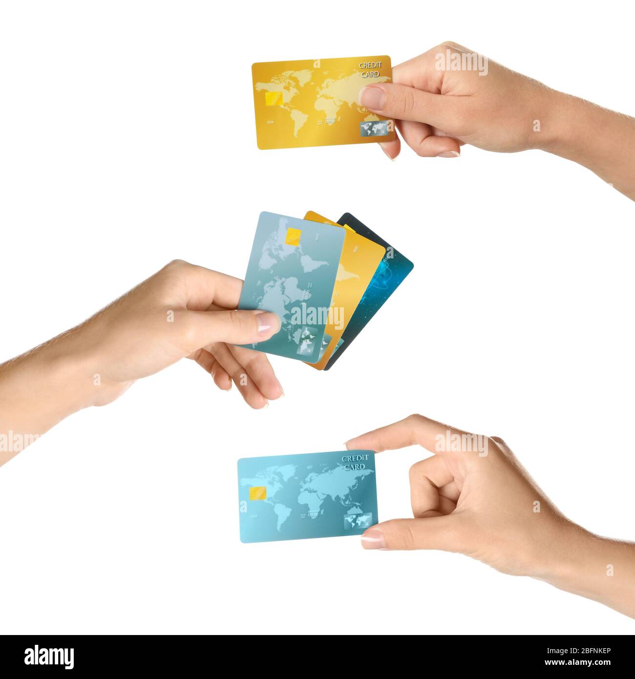 Women holding credit cards on white background Stock Photo - Alamy