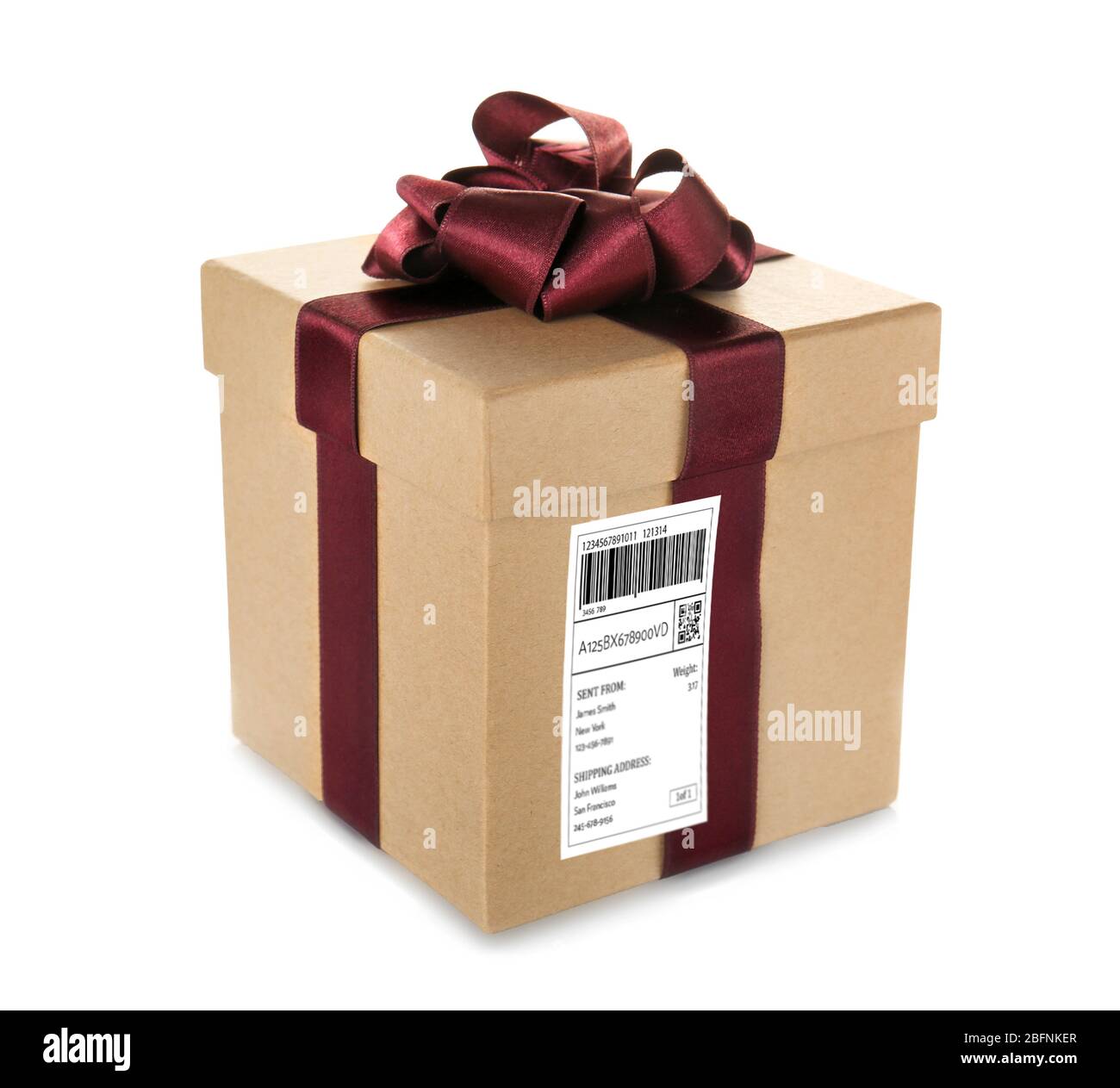 Parcel gift box with tracking code on white background Stock Photo - Alamy