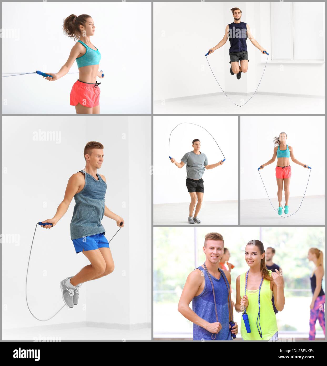 Collage of people with jumping ropes indoors Stock Photo - Alamy