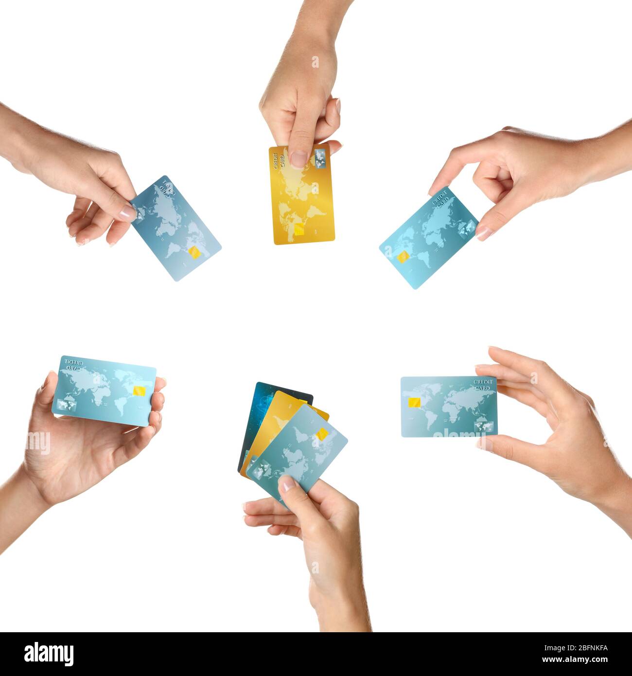 Women holding credit cards on white background Stock Photo - Alamy