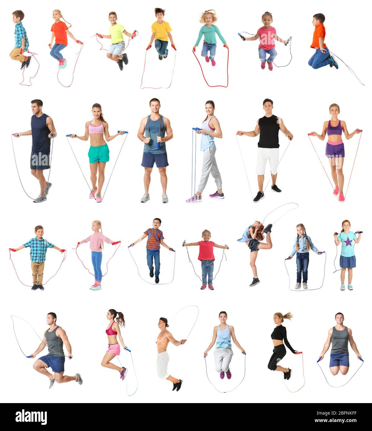 Collage of people with jumping ropes on white background Stock Photo ...