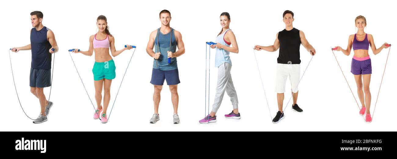 Collage of people with jumping ropes on white background Stock Photo ...