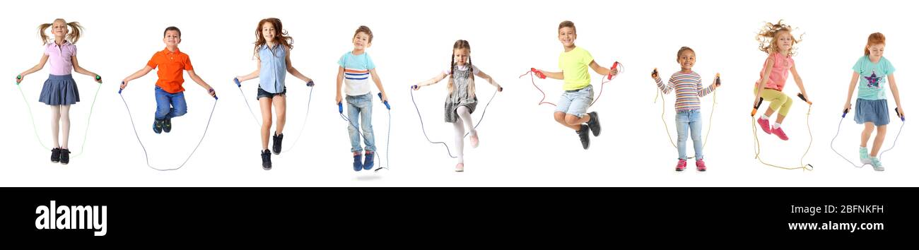 Collage of children with jumping ropes on white background Stock Photo ...