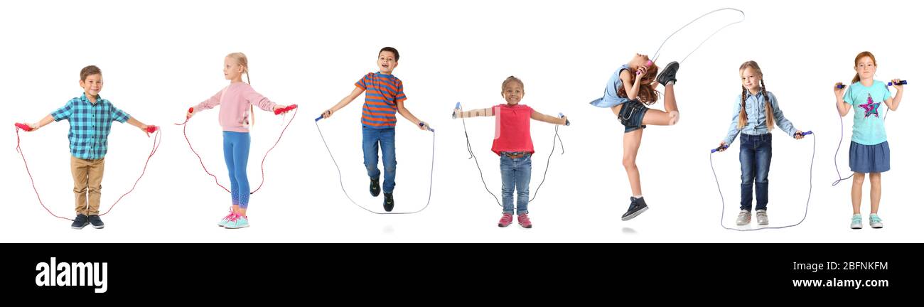 Collage of children with jumping ropes on white background Stock Photo ...