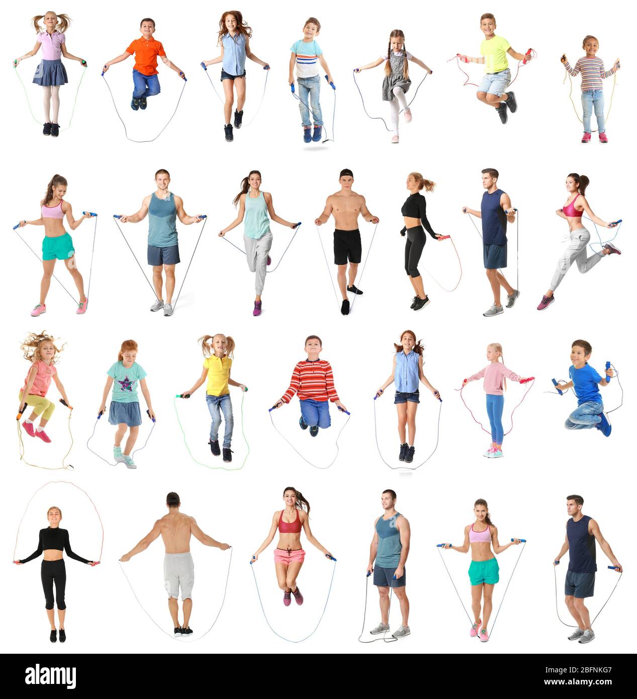 Collage of people with jumping ropes on white background Stock Photo ...