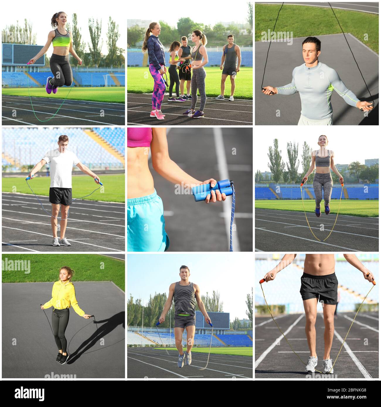 Collage of people with jumping ropes outdoors Stock Photo - Alamy