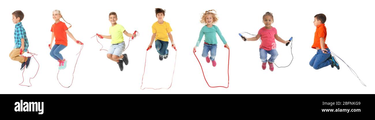 Collage of children with jumping ropes on white background Stock Photo ...