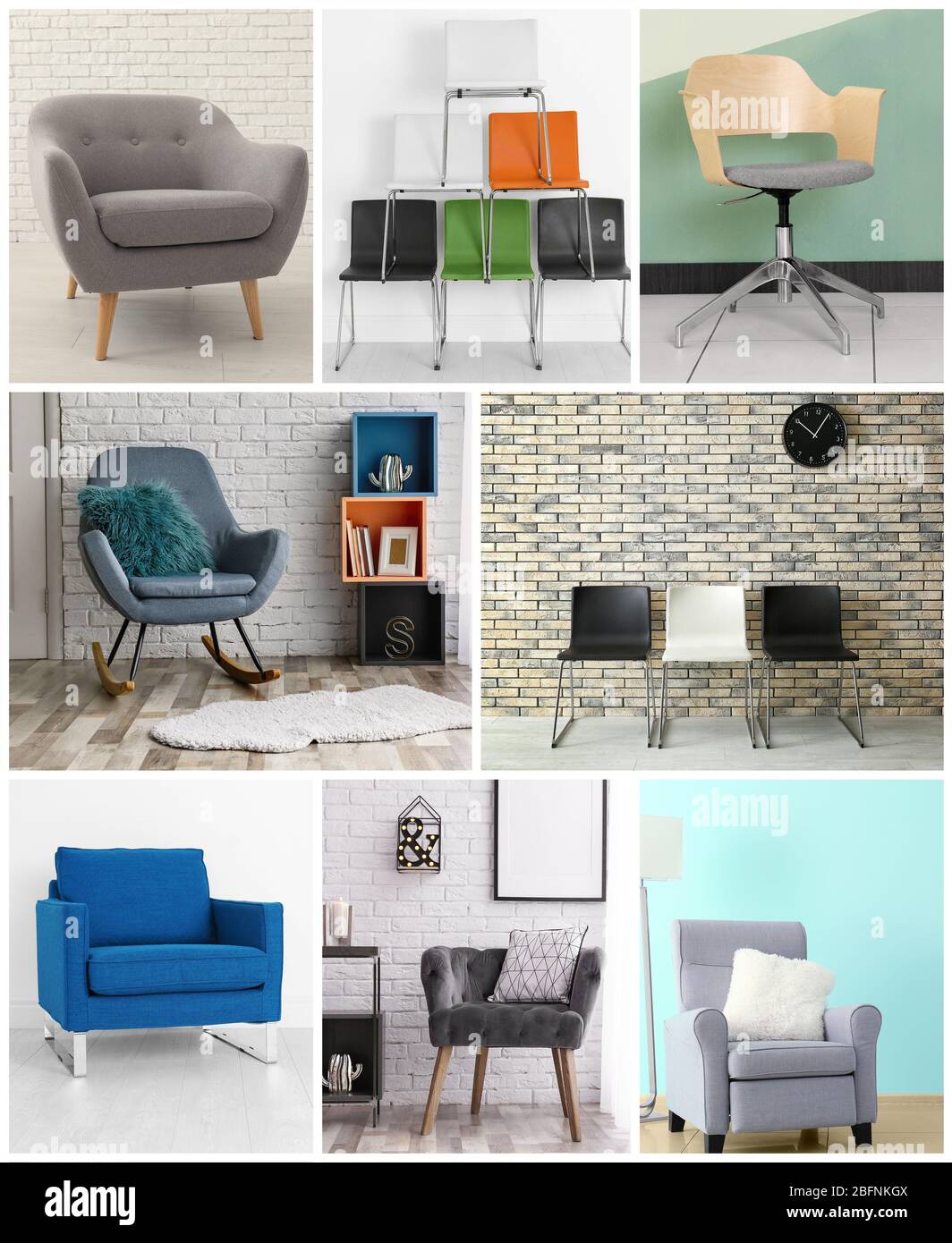 Collage with different armchairs in modern interior Stock Photo - Alamy