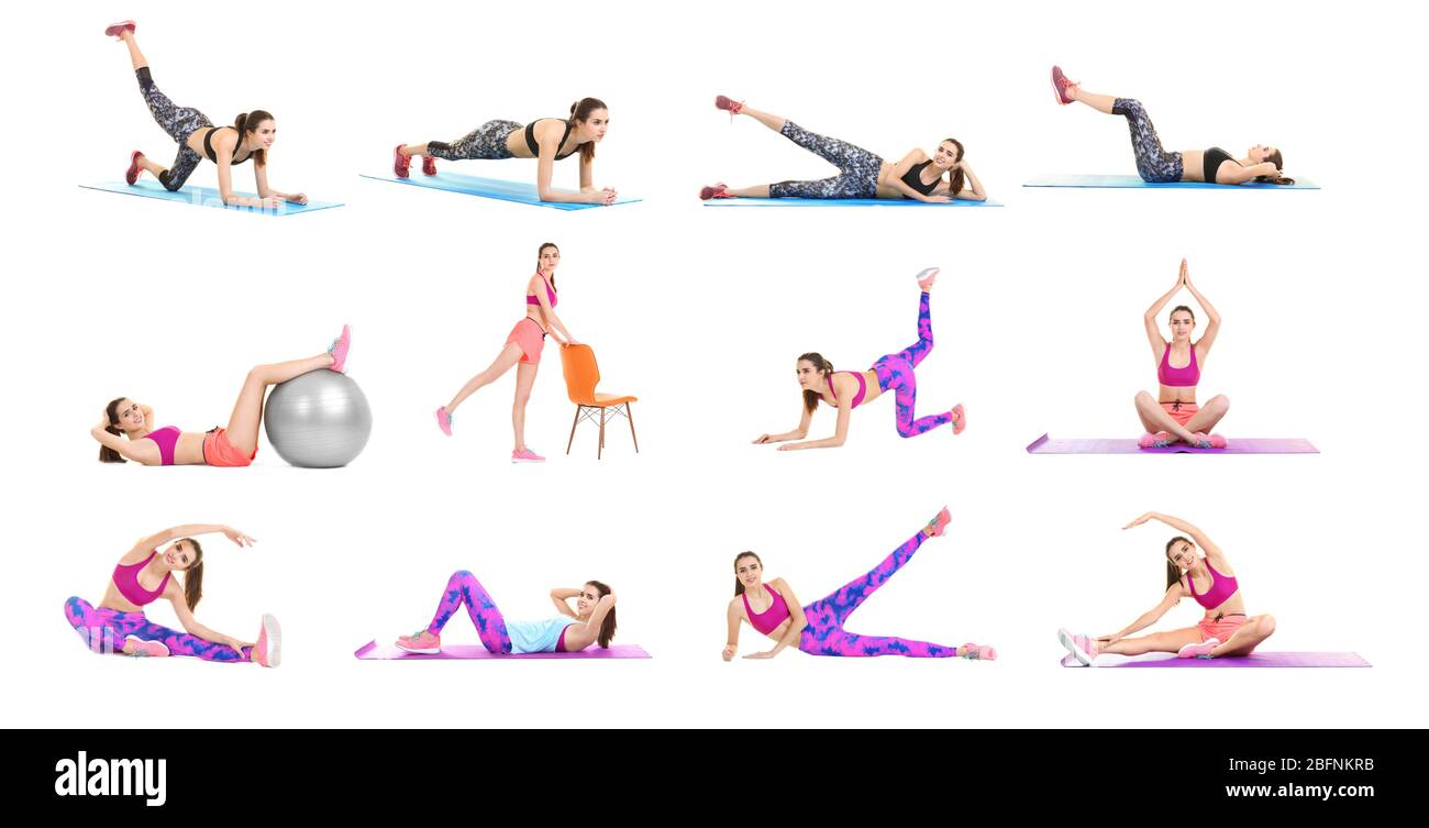 Collage with beautiful young woman doing different exercises on white ...