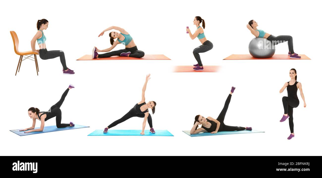 Collage with beautiful young woman doing different exercises on white ...