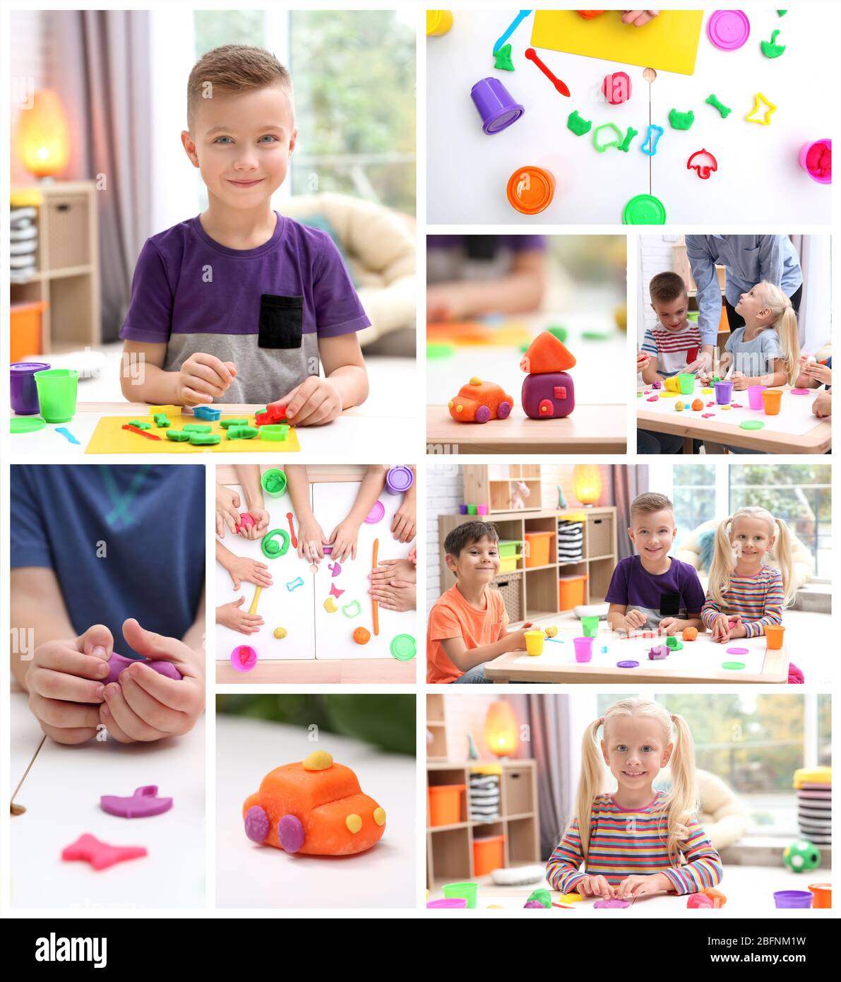 Collage with little children making different figures of play dough in ...