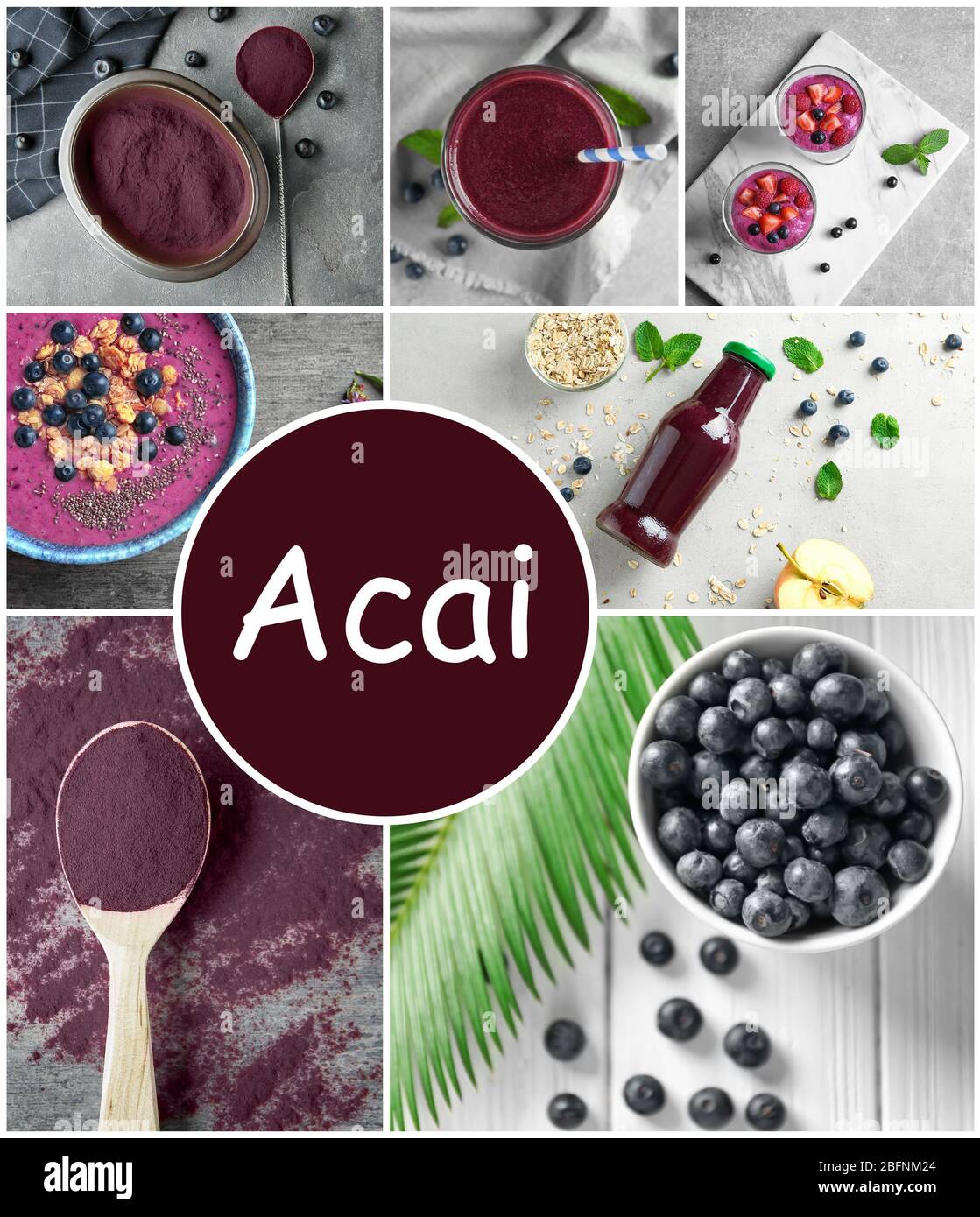 Collage of different ideas for recipes with acai berries Stock Photo ...
