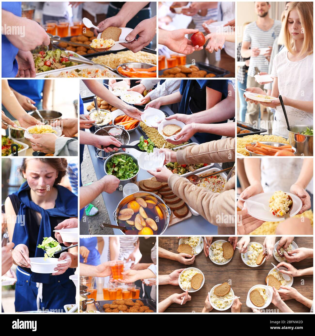 Collage with volunteers giving food to poor people in desperate need ...