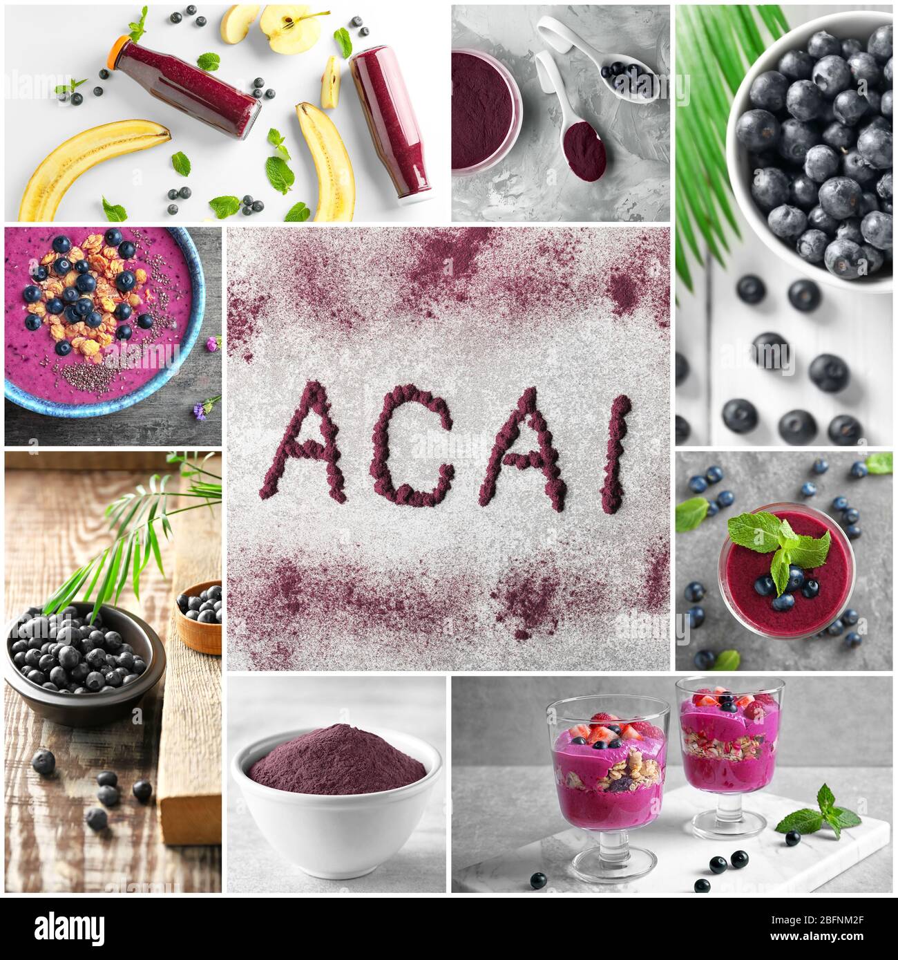 Collage of different ideas for recipes with acai berries Stock Photo ...