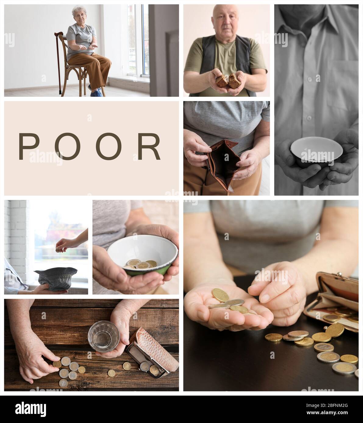 Collage with poor senior people in desperate need of help Stock Photo ...