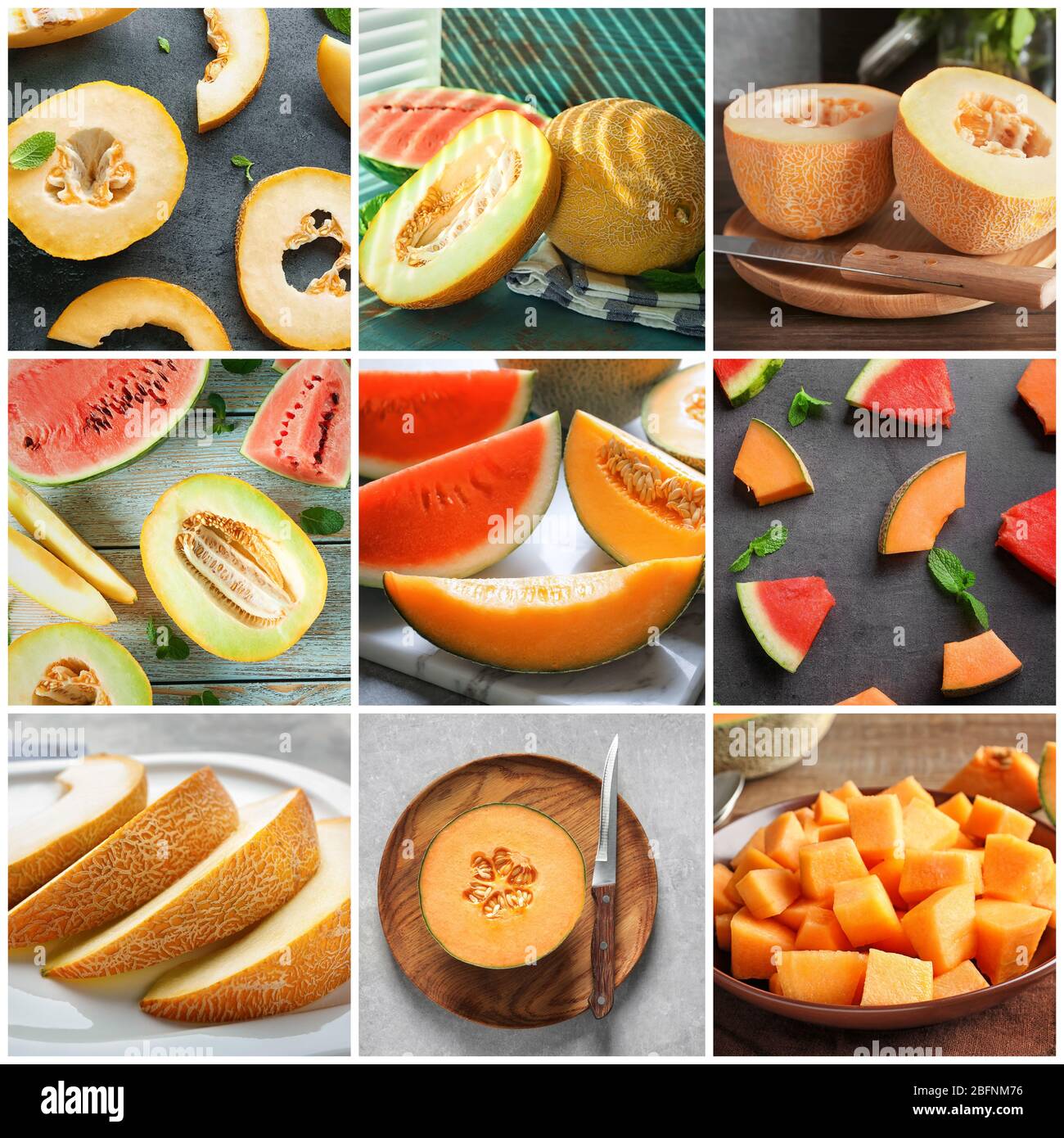 Collage with tasty sliced melons Stock Photo - Alamy