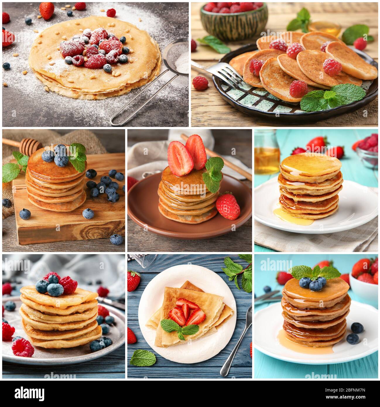 Collage with ideas for serving delicious buckwheat pancakes Stock Photo ...