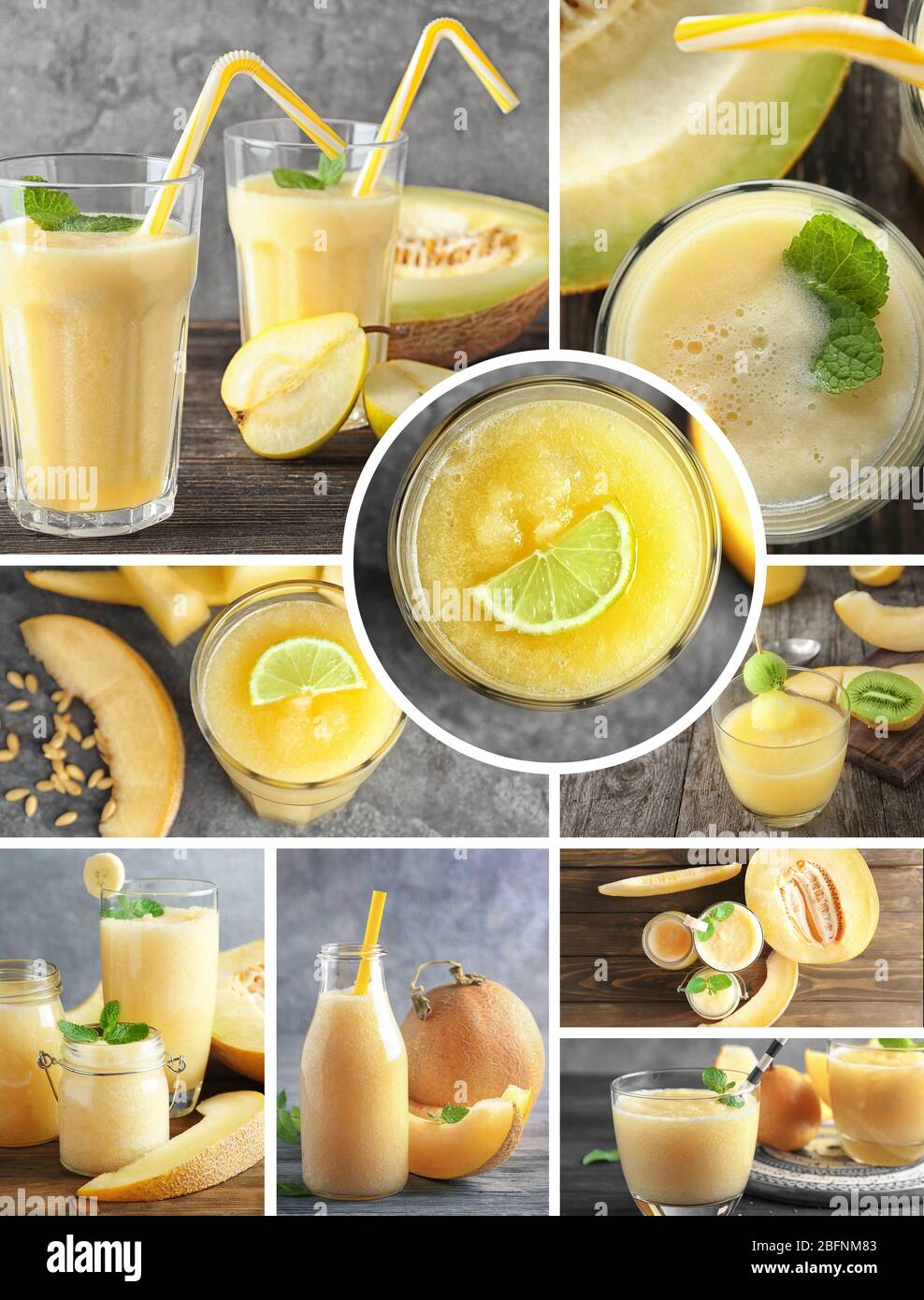 Collage with tasty melon smoothie Stock Photo - Alamy