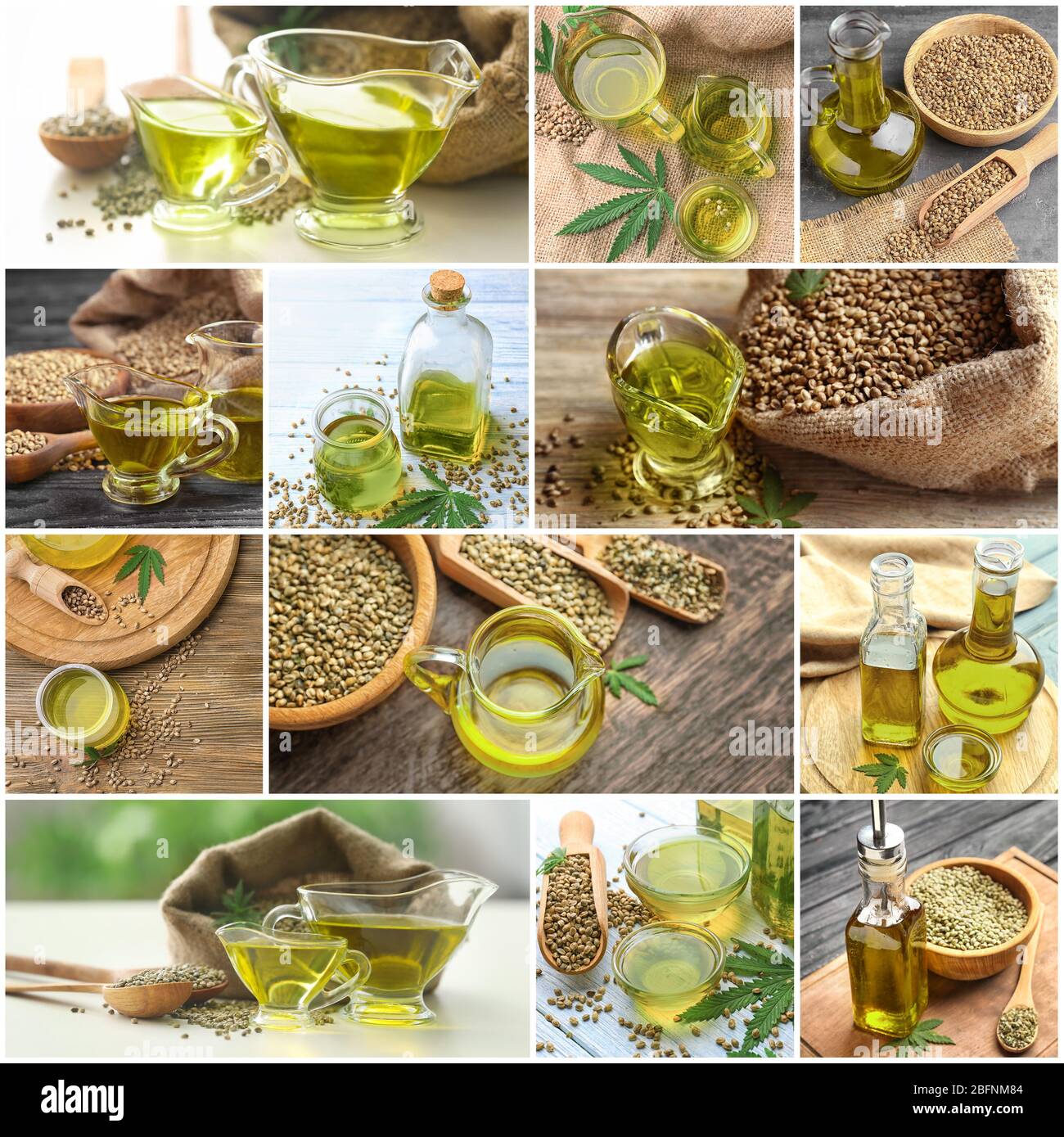 Collage with hemp oil and seeds Stock Photo - Alamy