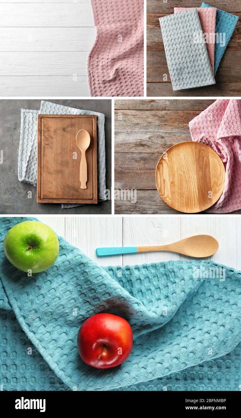 Collage with dish towels and cooking utensils Stock Photo - Alamy