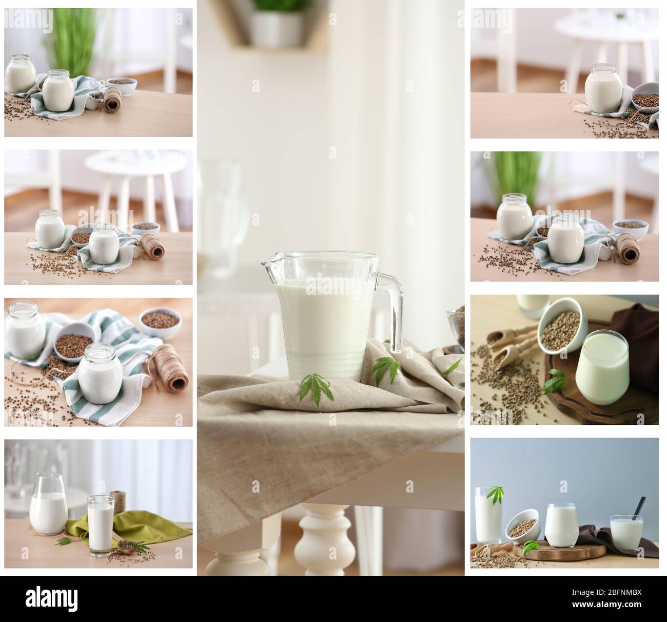 Collage with hemp milk and seeds Stock Photo - Alamy