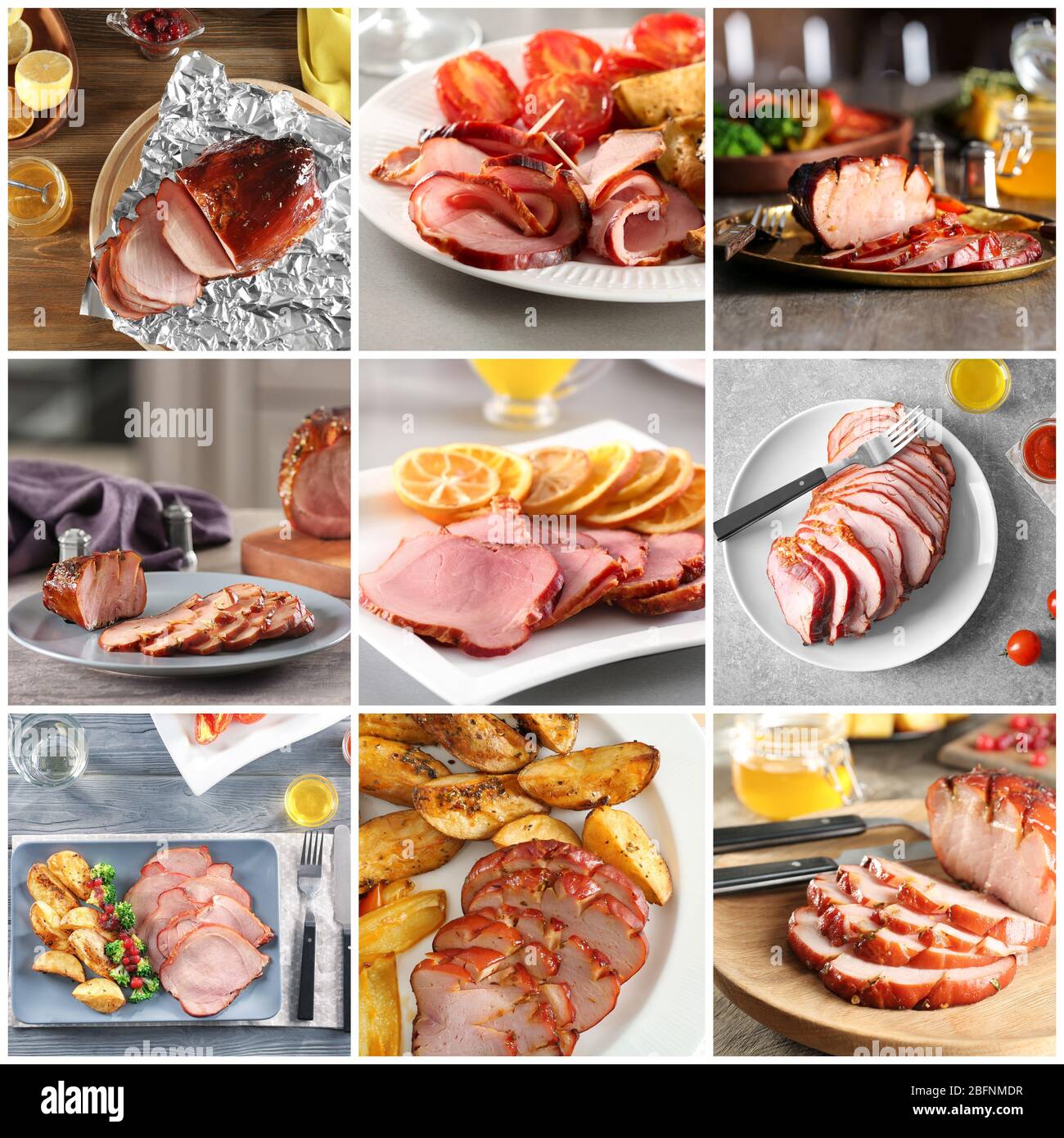 Collage with delicious honey baked ham Stock Photo - Alamy