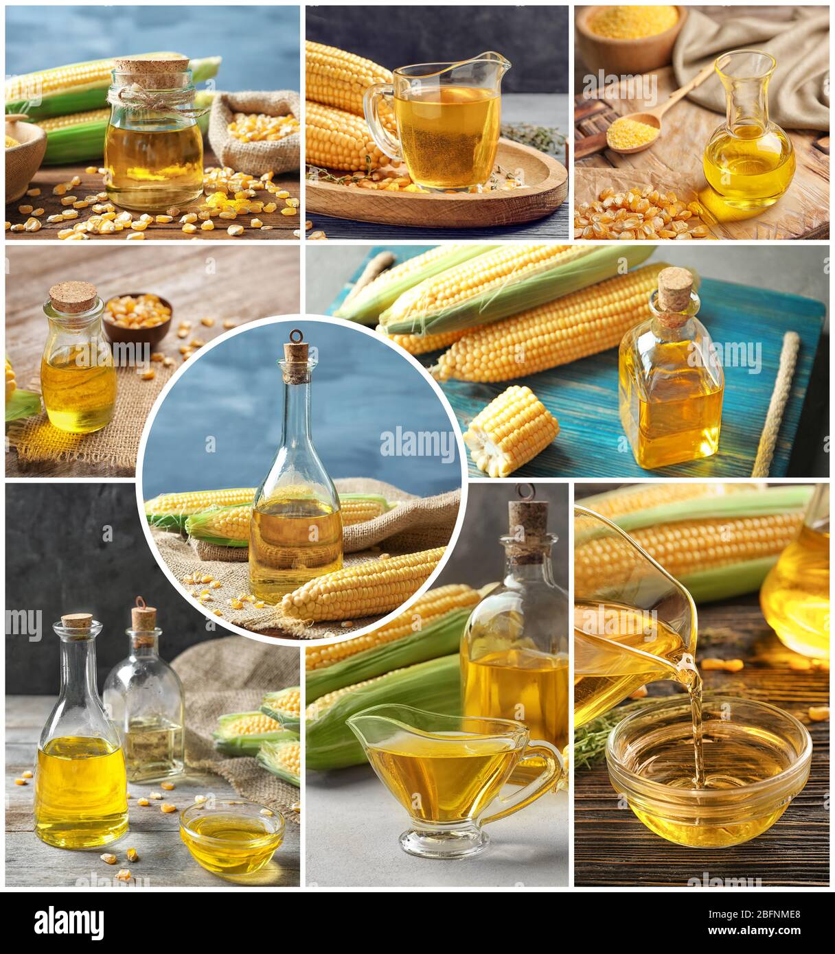 Collage with corn oil in different glassware Stock Photo - Alamy