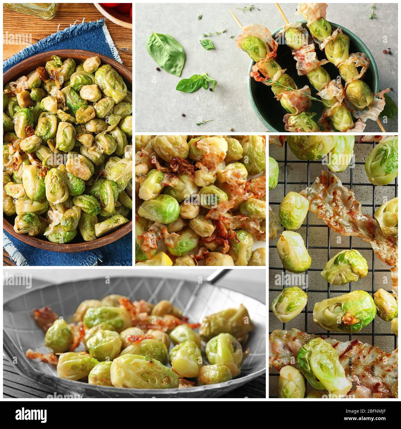 Collage with Brussel sprouts and bacon Stock Photo - Alamy