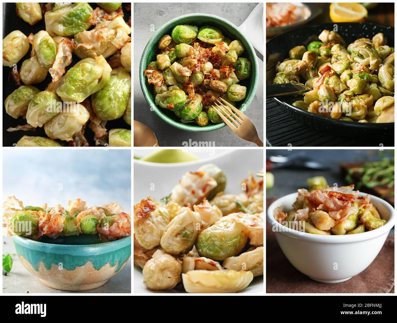 Collage with Brussel sprouts and bacon Stock Photo - Alamy
