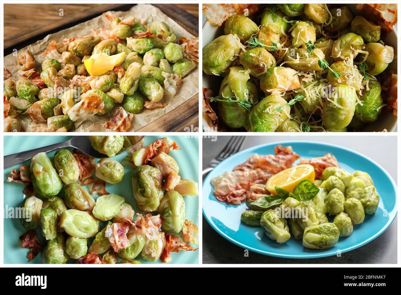 Collage with Brussel sprouts and bacon Stock Photo - Alamy