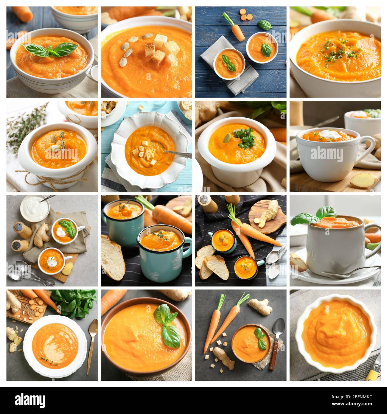 Collage with carrot ginger soup in different dishware Stock Photo - Alamy