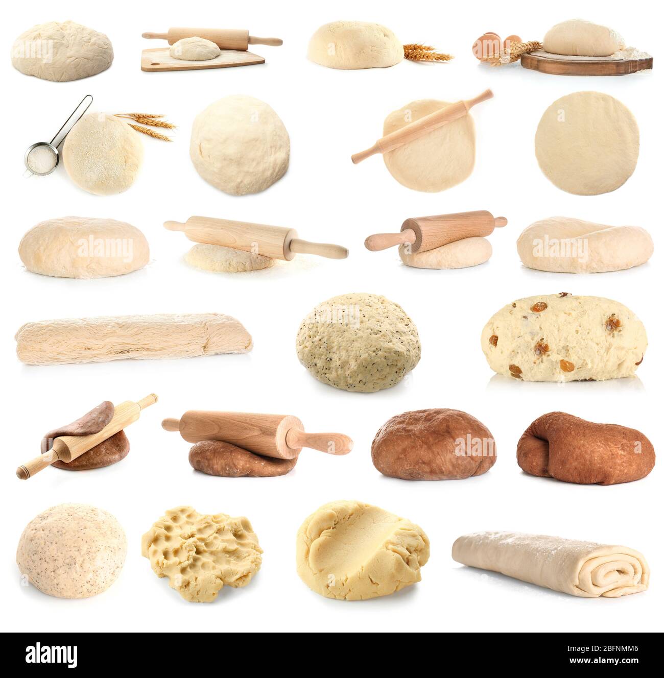 Collage with different kinds of dough on white background Stock Photo ...