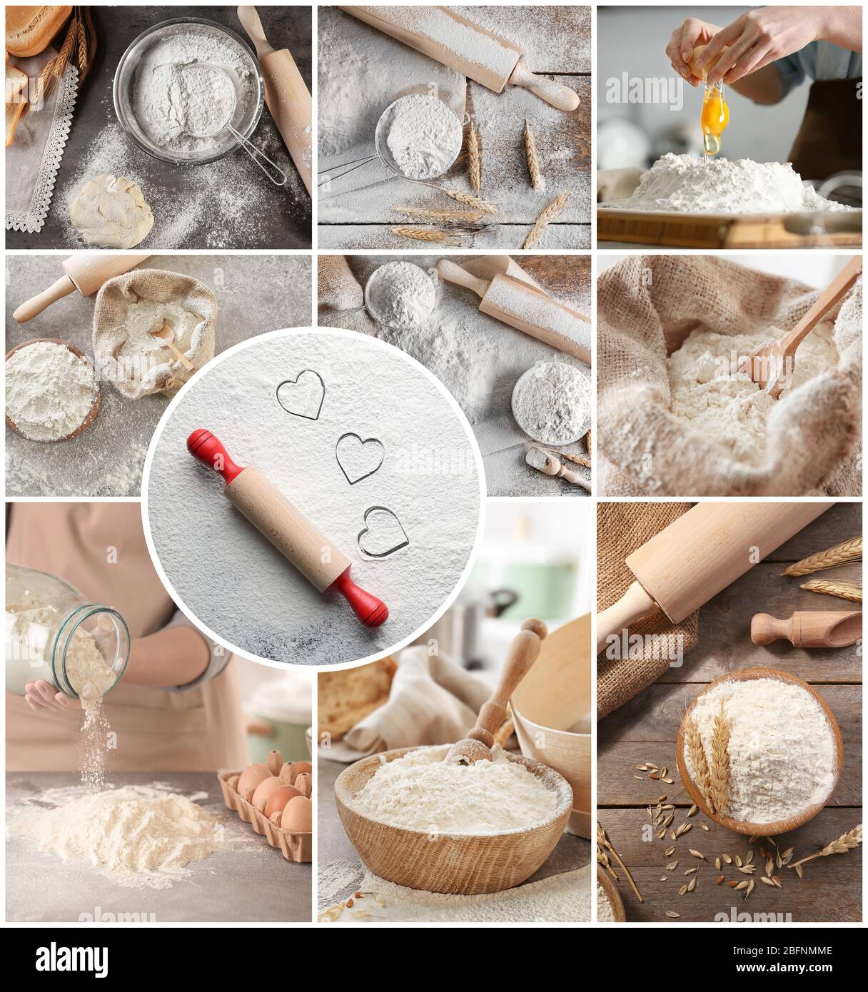 Collage with cooking utensils, flour and baker Stock Photo - Alamy