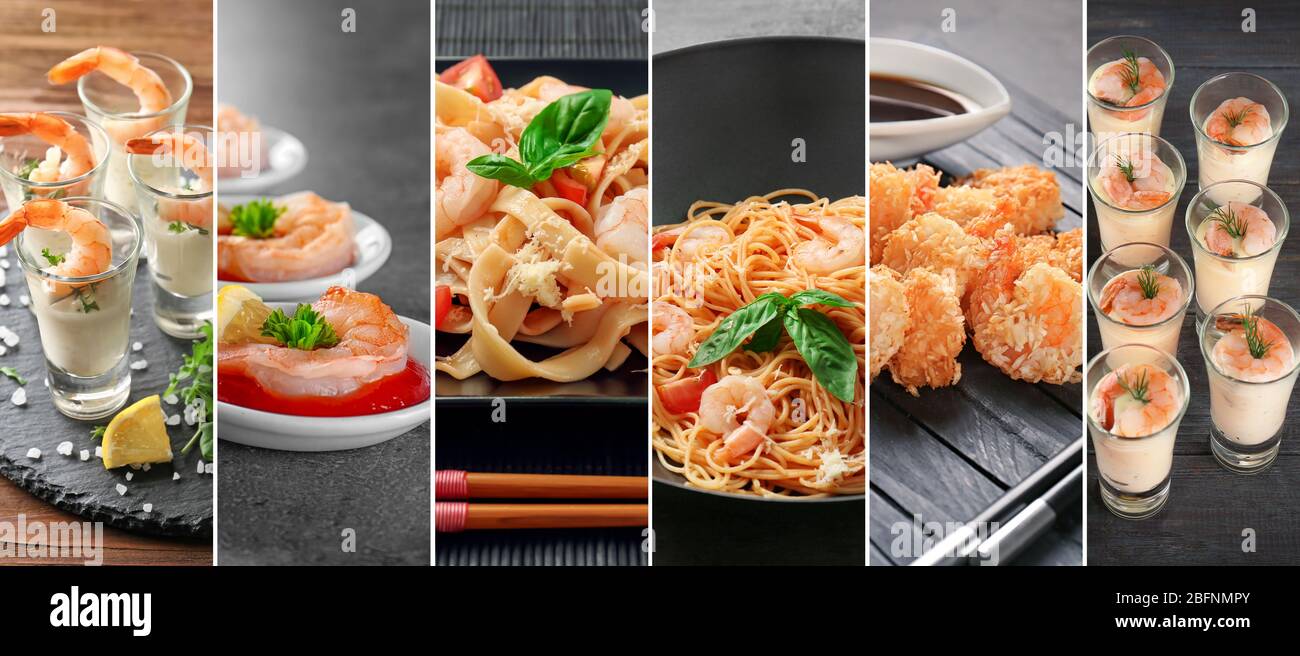 Collage with recipes for different shrimp dishes Stock Photo - Alamy